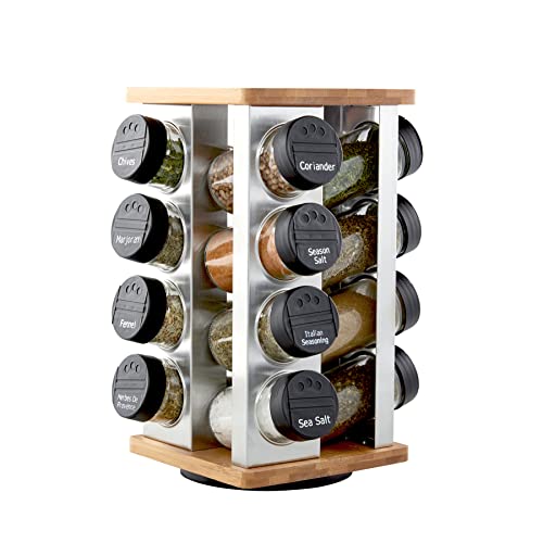 Kamenstein 16 Jar Warner Revolving Countertop Spice Rack Organizer with Lift & Pour Caps and Spices Included, FREE Spice Refills for 5 years, Stainless Steel & Bamboo with Black Caps