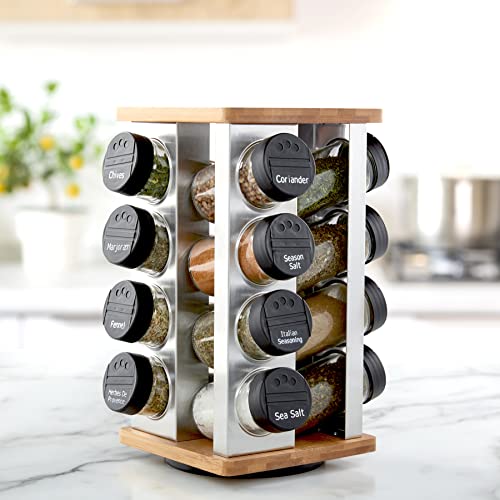 Kamenstein 16 Jar Warner Revolving Countertop Spice Rack Organizer with Lift & Pour Caps and Spices Included, FREE Spice Refills for 5 years, Stainless Steel & Bamboo with Black Caps