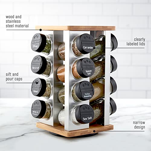 Kamenstein 16 Jar Warner Revolving Countertop Spice Rack Organizer with Lift & Pour Caps and Spices Included, FREE Spice Refills for 5 years, Stainless Steel & Bamboo with Black Caps