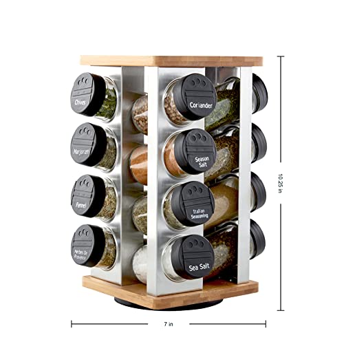 Kamenstein 16 Jar Warner Revolving Countertop Spice Rack Organizer with Lift & Pour Caps and Spices Included, FREE Spice Refills for 5 years, Stainless Steel & Bamboo with Black Caps