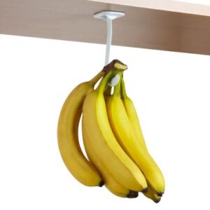 banana hook hanger under cabinet hook ripens bananas with less bruises, hang other lightweight kitchen items, folds up out of sight when not in use, self-adhesive + pre-drilled screw holes (white)