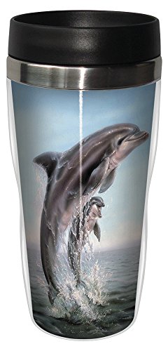 Dolphin Leaping Travel Mug, Stainless Lined Coffee Tumbler, 16-Ounce - Linda Thompson - Gift for Ocean Animal Lovers - Tree-Free Greetings