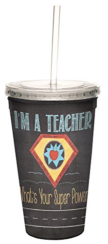 Teacher Super Power Double-Walled Cool Travel Cup with Reusable Straw, 16-Ounce - Teacher Appreciation Week Thank You Gift - Tree-Free Greetings