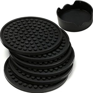 enkore coasters for drinks - set of 6 with holder, black - protect furniture from water marks or damage - deep tray and rim catch cold drink sweat without spill, large 4.3 inch size fit all cups