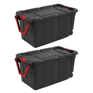 sterilite 14699002 40 gallon/151 liter wheeled industrial tote, black lid & base w/ racer red handle & latches, 2-pack