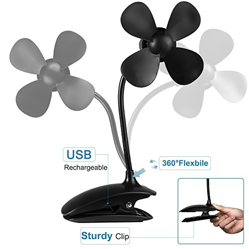 Glovion Battery Operated Clip Fan -USB Desktop Fan with Flexible Neck and Adjustable Fan Speed Clip on Fan for Home, Office ,Outdoor Personal Fan - Classic Black