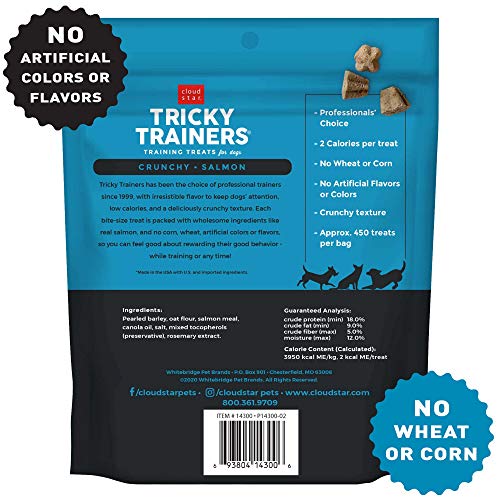 Cloud Star Tricky Trainers Crunchy Dog Training Treats 8 oz Pouch, Salmon Flavor, Low Calorie Behavior Aid with 450 treats