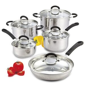 cook n home stainless steel cookware sets 10 piece, pots and pans with stay-cool handles cooking set for kitchen, dishwasher safe, silver