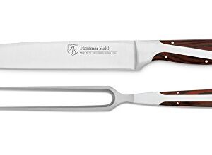 Hammer Stahl Carving Knife and Fork Set | German Forged High Carbon Stainless Steel Carving Set | Professional Carving Knife for Meat, Turkey & Brisket | Ergonomic Quad-Tang Pakkawood Handle