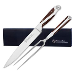 hammer stahl carving knife and fork set | german forged high carbon stainless steel carving set | professional carving knife for meat, turkey & brisket | ergonomic quad-tang pakkawood handle