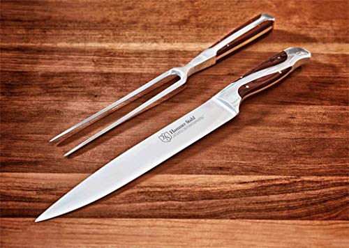 Hammer Stahl Carving Knife and Fork Set | German Forged High Carbon Stainless Steel Carving Set | Professional Carving Knife for Meat, Turkey & Brisket | Ergonomic Quad-Tang Pakkawood Handle