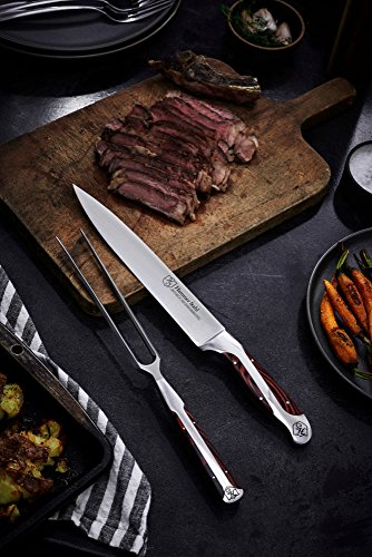 Hammer Stahl Carving Knife and Fork Set | German Forged High Carbon Stainless Steel Carving Set | Professional Carving Knife for Meat, Turkey & Brisket | Ergonomic Quad-Tang Pakkawood Handle