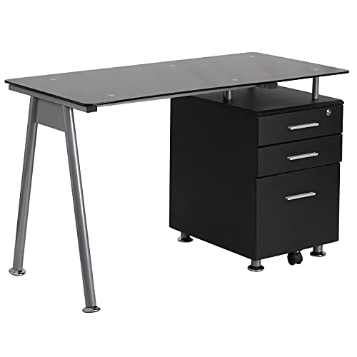 Flash Furniture Singleton Black Glass Computer Desk with Three Drawer Pedestal