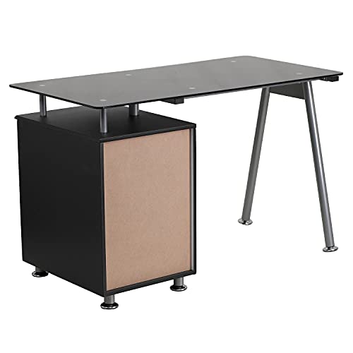 Flash Furniture Singleton Black Glass Computer Desk with Three Drawer Pedestal