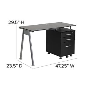 Flash Furniture Singleton Black Glass Computer Desk with Three Drawer Pedestal