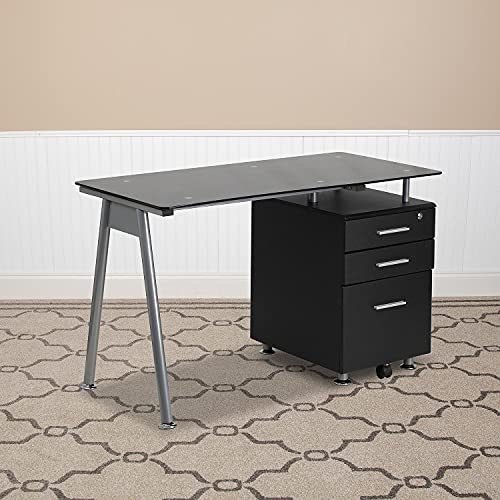 Flash Furniture Singleton Black Glass Computer Desk with Three Drawer Pedestal