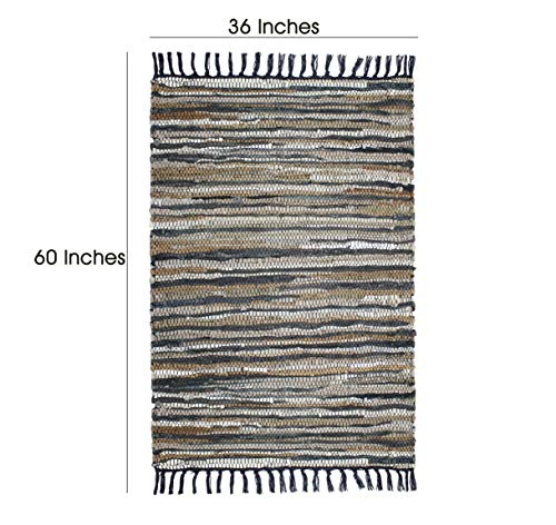 COTTON CRAFT Leather Chindi Area Rug - Boho Farmhouse Rustic Accent Rug - Handwoven Reversible Natural Recycled Leather Throw Rug - Entryway Living Room Dorm Study Gift - 3'x5' - Grey Ivory Multicolor