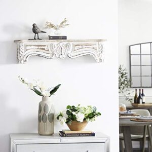 deco 79 wood scroll distressed 1 shelf wall shelf, 36" x 6" x 9", white