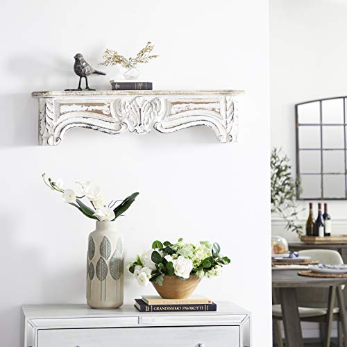 Deco 79 Wood Scroll Distressed 1 Shelf Wall Shelf, 36" x 6" x 9", White