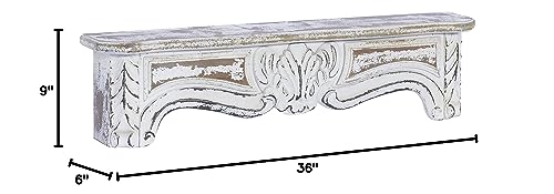 Deco 79 Wood Scroll Distressed 1 Shelf Wall Shelf, 36" x 6" x 9", White