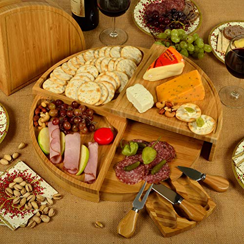 Picnic at Ascot Patented Bamboo Cheese/Charcuterie Board with Knife Set-Stores as a Compact Wedge-Opens to 18" Diameter-Designed & Quality Checked in USA