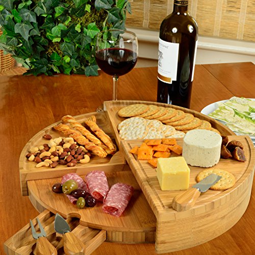 Picnic at Ascot Patented Bamboo Cheese/Charcuterie Board with Knife Set-Stores as a Compact Wedge-Opens to 18" Diameter-Designed & Quality Checked in USA