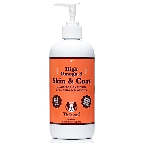 Natural Dog Company Skin & Coat Oil (16 oz.), Supports Skin Health, Fish Oil Supplements for Dogs, Soft and Silky Coat, Salmon Oil & Flaxseed Oil, Fatty Acids, Bottle of Dog Fish Oil with Pump