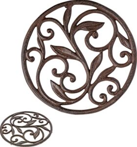 cast iron trivet - round with vintage pattern - decorative cast iron trivet for kitchen or dining table - 7.7" diameter - rust brown color - with rubber pegs by comfify