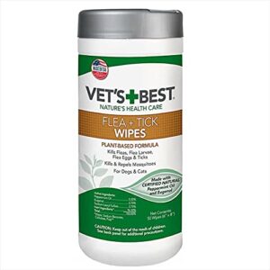 vet's best flea and tick wipes for dogs and cats - flea treatment for cats and dogs - plant-based formula - certified natural oils - 50 count