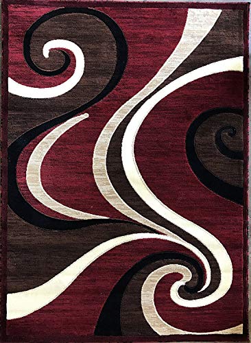 Modern Area Rug Red Contemporary Swirl Carpet King Design 144 (5 Feet 2 Inch X 7 Feet 3 Inch)