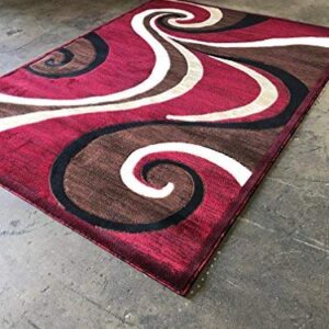 Modern Area Rug Red Contemporary Swirl Carpet King Design 144 (5 Feet 2 Inch X 7 Feet 3 Inch)