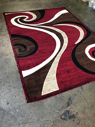 Modern Area Rug Red Contemporary Swirl Carpet King Design 144 (5 Feet 2 Inch X 7 Feet 3 Inch)