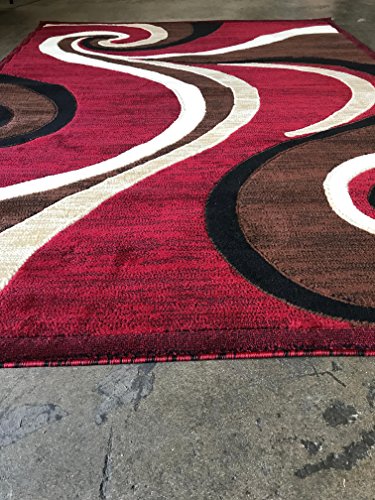 Modern Area Rug Red Contemporary Swirl Carpet King Design 144 (5 Feet 2 Inch X 7 Feet 3 Inch)