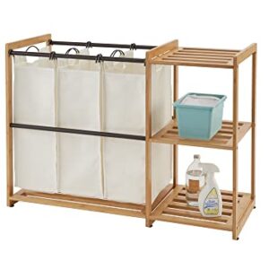 TRINITY EcoStorage 3-Bag Bamboo Laundry Station, Laundry-Room Organization and Dirty Clothes Hamper with 3 Shelves for Bedroom, Closet, Dorm Room and More, Bronze Poles