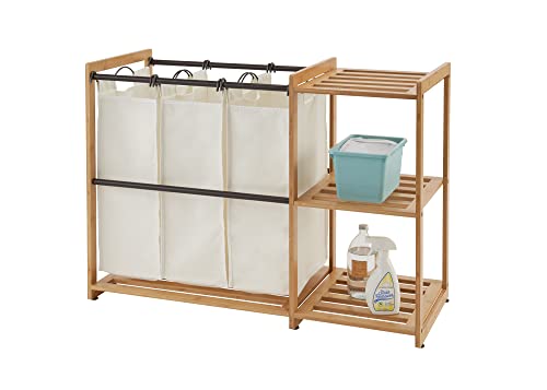 TRINITY EcoStorage 3-Bag Bamboo Laundry Station, Laundry-Room Organization and Dirty Clothes Hamper with 3 Shelves for Bedroom, Closet, Dorm Room and More, Bronze Poles