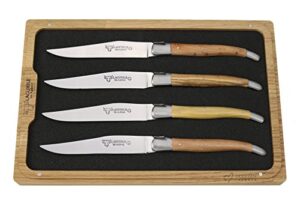 laguiole en aubrac luxury fully forged full tang stainless steel steak knives 4-piece set with mixed french wood handle, stainless steel brushed bolsters