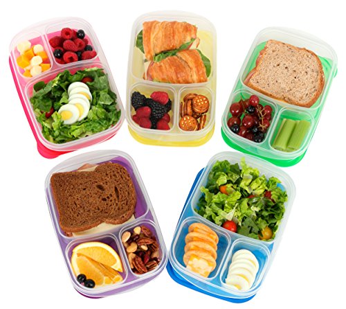 Qualitas Products® Premium Kids Bento Boxes – 3 Compartments, 5 Bento Box Microwave Safe Lunch & Leftover Containers Set for Kids and Adults - Made From Food Grade Plastic