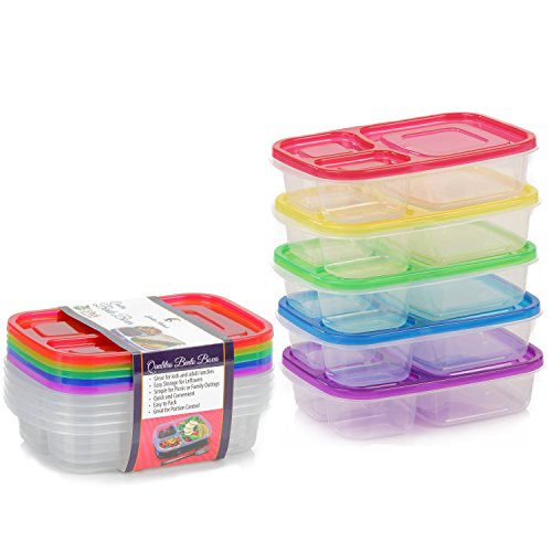 Qualitas Products® Premium Kids Bento Boxes – 3 Compartments, 5 Bento Box Microwave Safe Lunch & Leftover Containers Set for Kids and Adults - Made From Food Grade Plastic