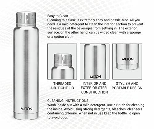 Milton Thermosteel Elfin 750, Vacuum Insulated Flask, 750 ml | 25 oz | 24 Hours Hot & Cold Water Bottle 18/8 Stainless Steel, Durable Body, BPA Free, Leak-Proof Simple Screw Lid | Silver