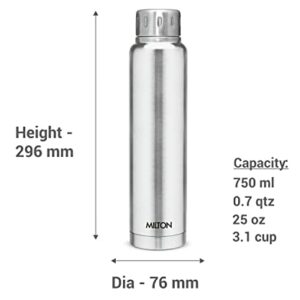 Milton Thermosteel Elfin 750, Vacuum Insulated Flask, 750 ml | 25 oz | 24 Hours Hot & Cold Water Bottle 18/8 Stainless Steel, Durable Body, BPA Free, Leak-Proof Simple Screw Lid | Silver