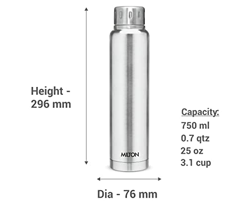 Milton Thermosteel Elfin 750, Vacuum Insulated Flask, 750 ml | 25 oz | 24 Hours Hot & Cold Water Bottle 18/8 Stainless Steel, Durable Body, BPA Free, Leak-Proof Simple Screw Lid | Silver