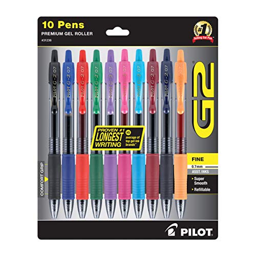 Pilot, G2 Premium Gel Roller Pens, Fine Point 0.7 mm, Assorted Colors, Pack of 10