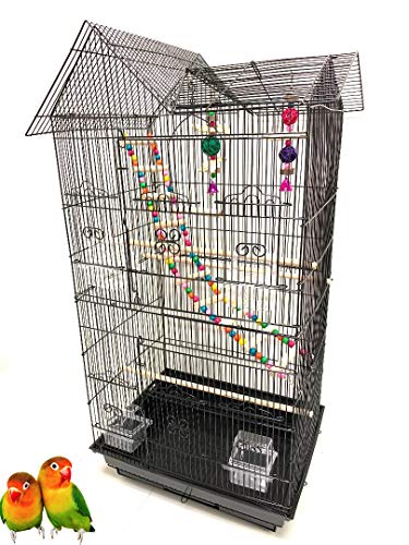 37-Inch Portable Double Roof Top Hanging Flight Bird Cage with Playing Toys for Small Parrot Cockatiel Sun Quaker Parakeet Green Cheek Conure Parrotlet Finch Canary Budgie Lovebird Travel Bird Cage