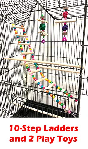 37-Inch Portable Double Roof Top Hanging Flight Bird Cage with Playing Toys for Small Parrot Cockatiel Sun Quaker Parakeet Green Cheek Conure Parrotlet Finch Canary Budgie Lovebird Travel Bird Cage