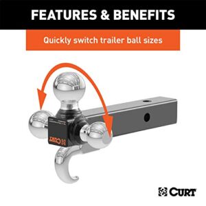 CURT 45675 Multi-Ball Trailer Hitch Ball Mount, 1-7/8, 2, 2-5/16-Inch Balls and Tow Hook, Fits 2-Inch Receiver, 10,000 lbs