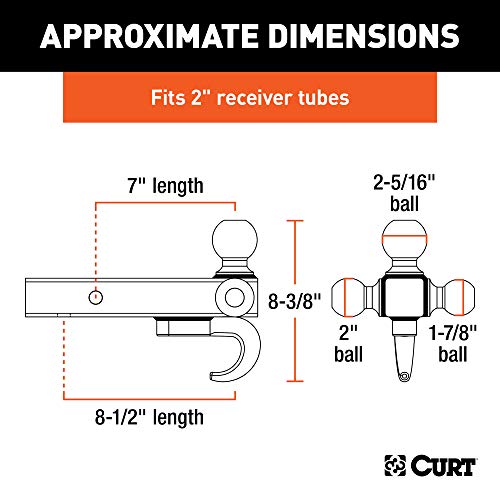 CURT 45675 Multi-Ball Trailer Hitch Ball Mount, 1-7/8, 2, 2-5/16-Inch Balls and Tow Hook, Fits 2-Inch Receiver, 10,000 lbs