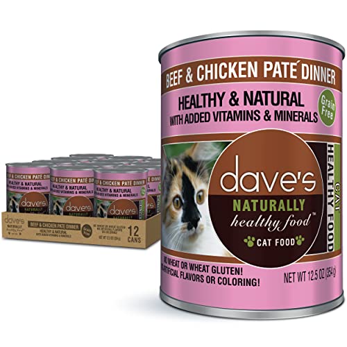 Dave's Pet Food Grain Free Wet Cat Food (Beef & Chicken Pate), Made in USA Naturally Healthy Canned Cat Food, Added Vitamins & Minerals, Wheat & Gluten-Free, 12.5 oz (Case of 12)