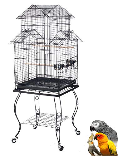 55" Rolling Standing Triple Roof Top Medium Bird Cage for Mid-Sized Parrot Cockatiel Sun Parakeet Green Cheek Conure Caique Pet Bird Cage with Detachable Stand