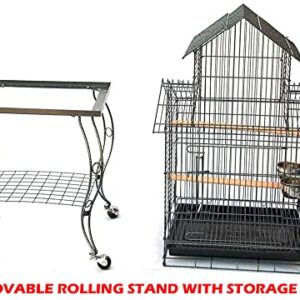 55" Rolling Standing Triple Roof Top Medium Bird Cage for Mid-Sized Parrot Cockatiel Sun Parakeet Green Cheek Conure Caique Pet Bird Cage with Detachable Stand