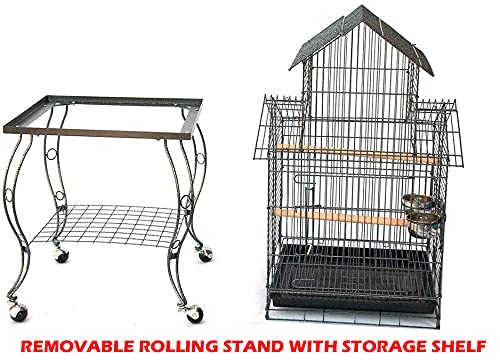 55" Rolling Standing Triple Roof Top Medium Bird Cage for Mid-Sized Parrot Cockatiel Sun Parakeet Green Cheek Conure Caique Pet Bird Cage with Detachable Stand